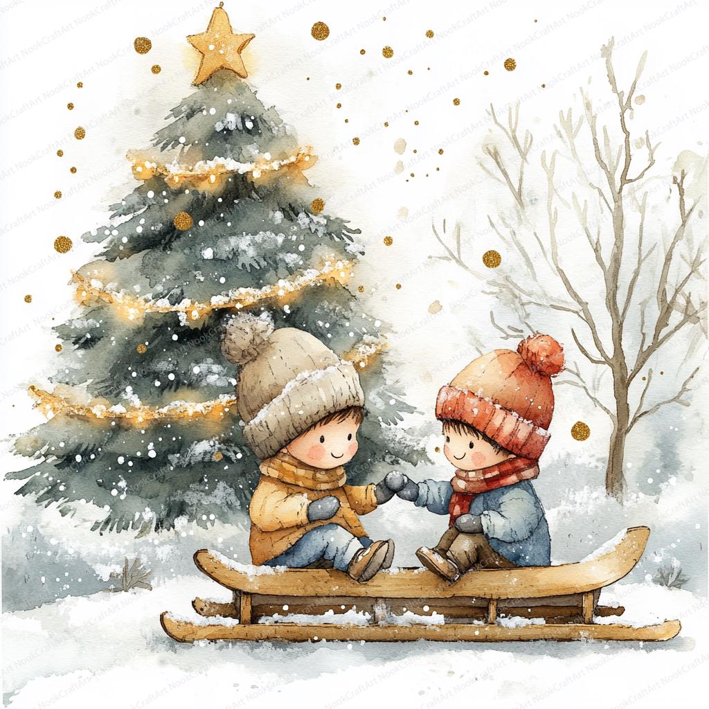 17 Winter Sledding Kids Clipart | Festive Christmas Tree Scene ...
