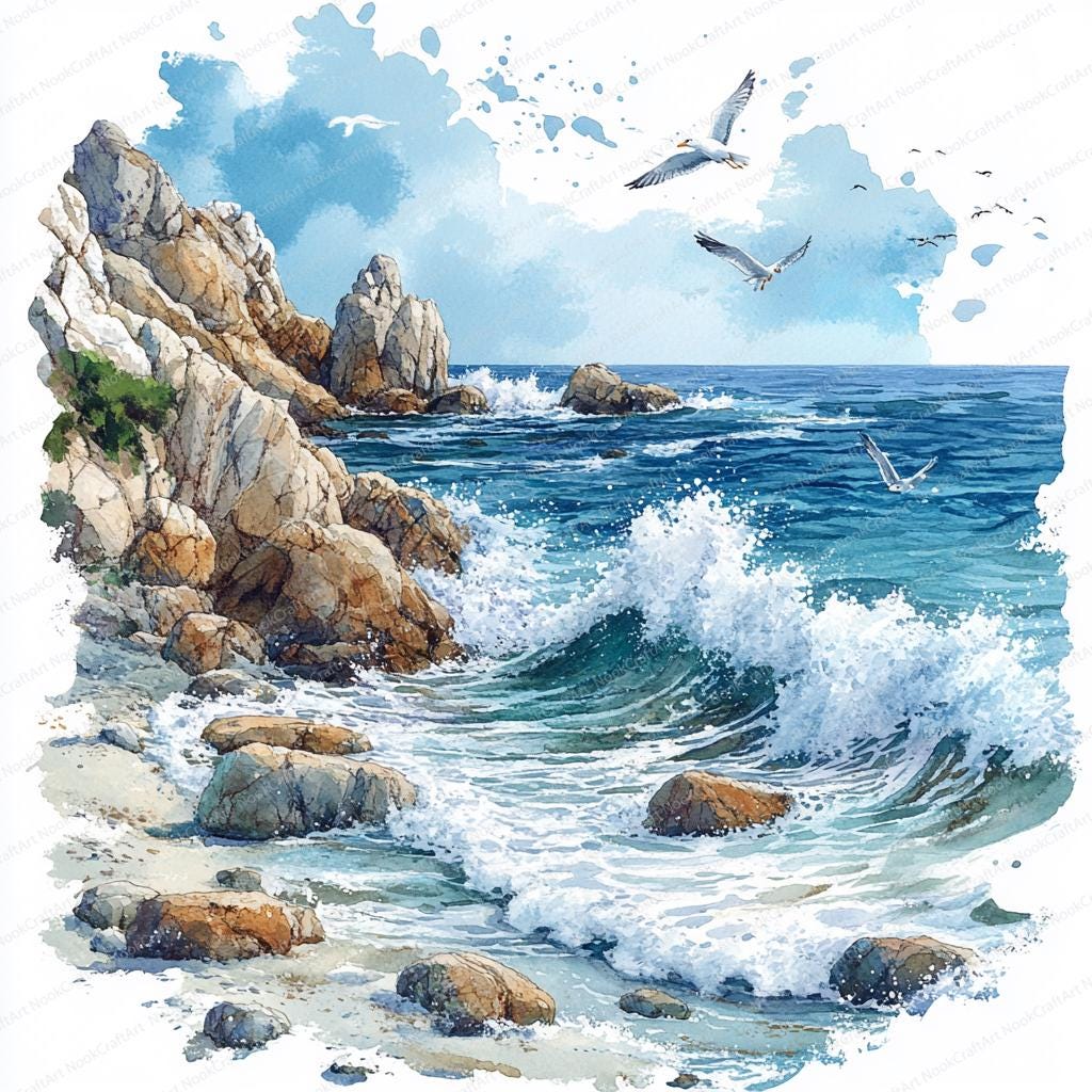 18 Seaside Cliffs Clipart | Majestic Gulls and Waves | Printable ...