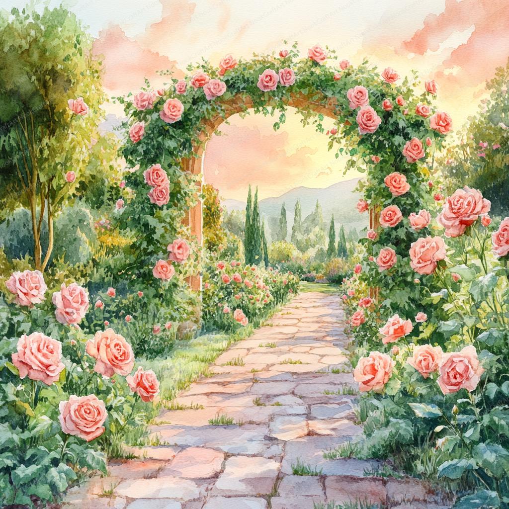 12 Rose Garden Clipart Garden at Sunset Printable Watercolor Clipart ...