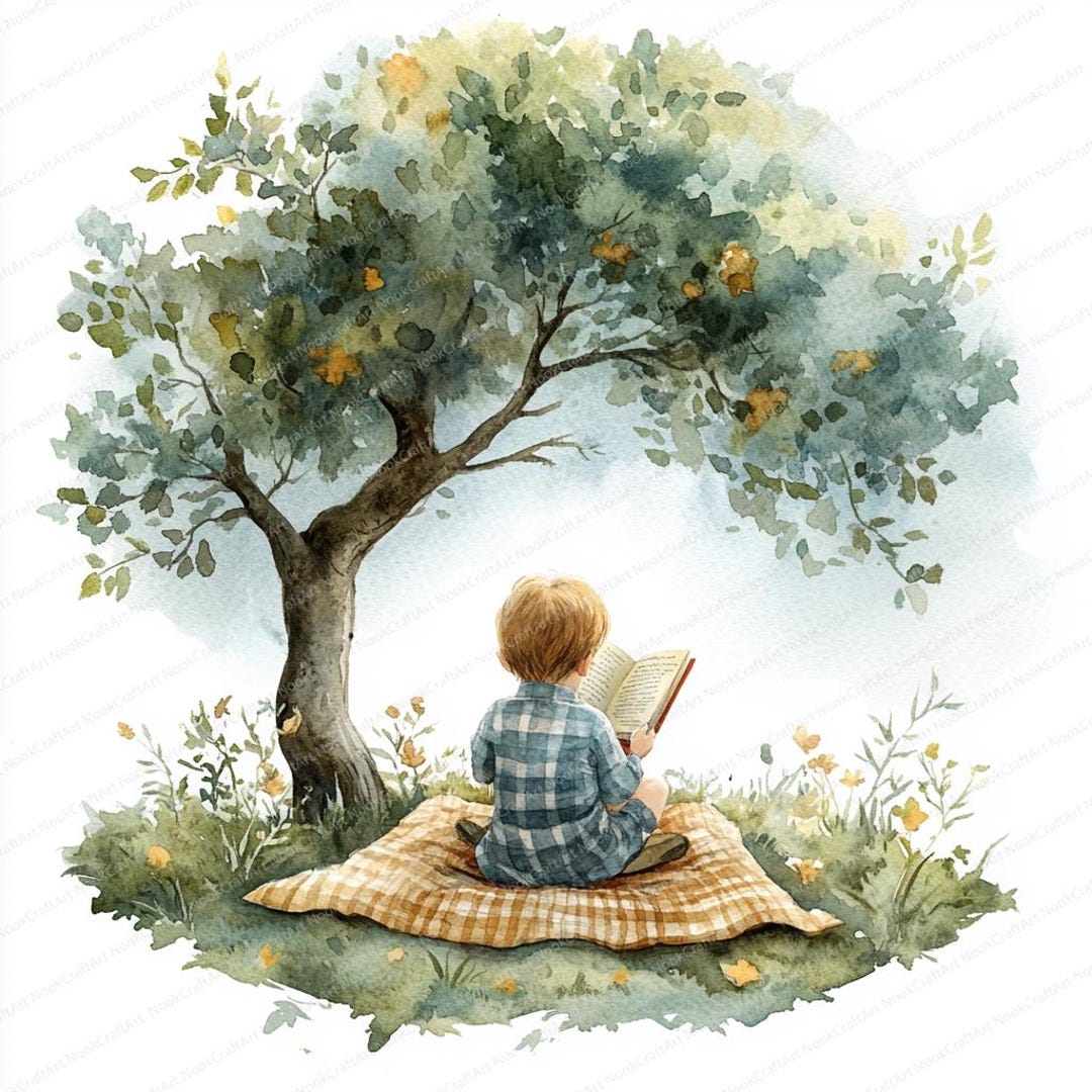 20 Child Reading Book Clipart | Cozy Outdoor Illustration | Printable ...