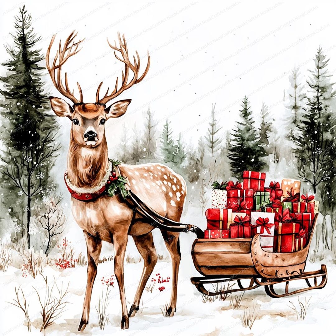 14 Reindeer With Sleigh of Gifts Clipart | Festive Holiday Designs ...