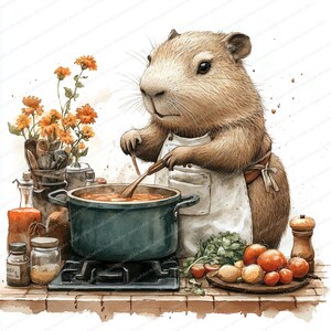 19 Capybara Cooking Soup Clipart | Adorable Animal Kitchen Illustration ...