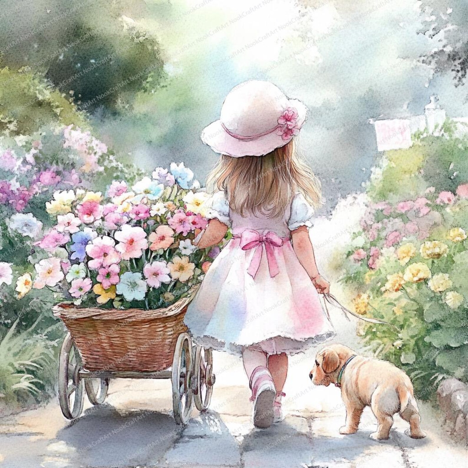 Girl With Flower Cart Clipart | 14 High Res Watercolor Jpgs | Printable ...