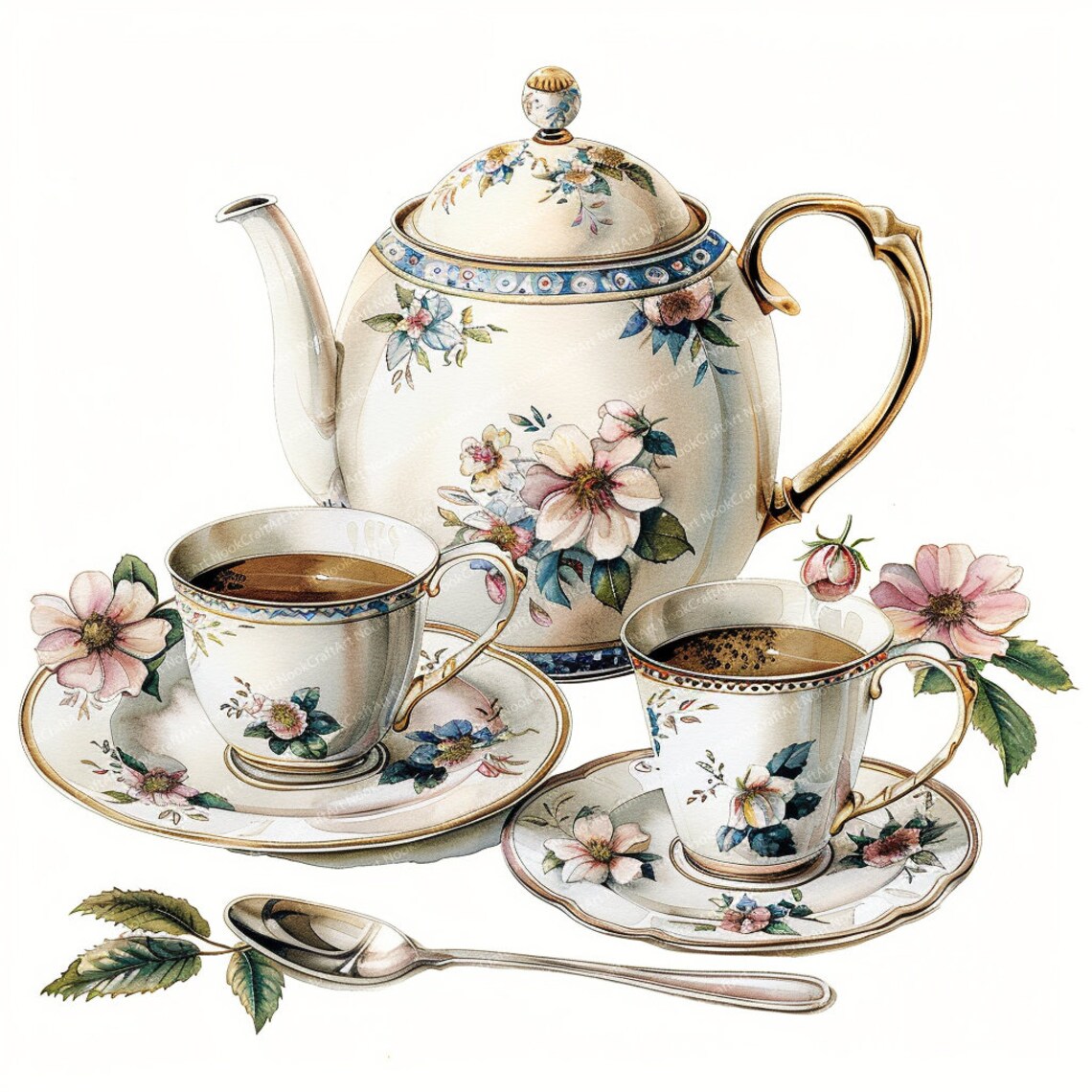 12 Tea Set Clipart Floral Tea Set Printable Watercolor Clipart High ...