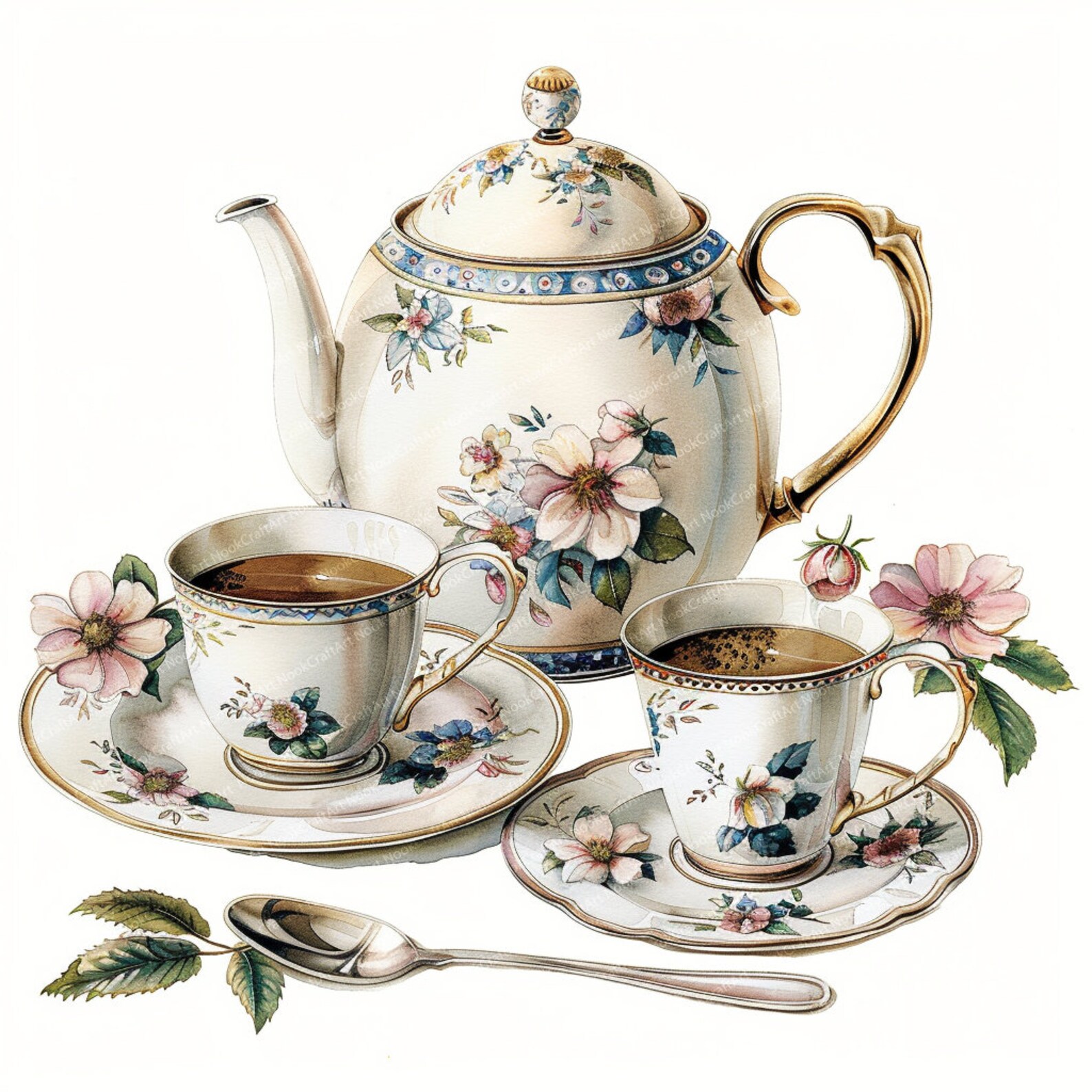 12 Tea Set Clipart Floral Tea Set Printable Watercolor Clipart High ...