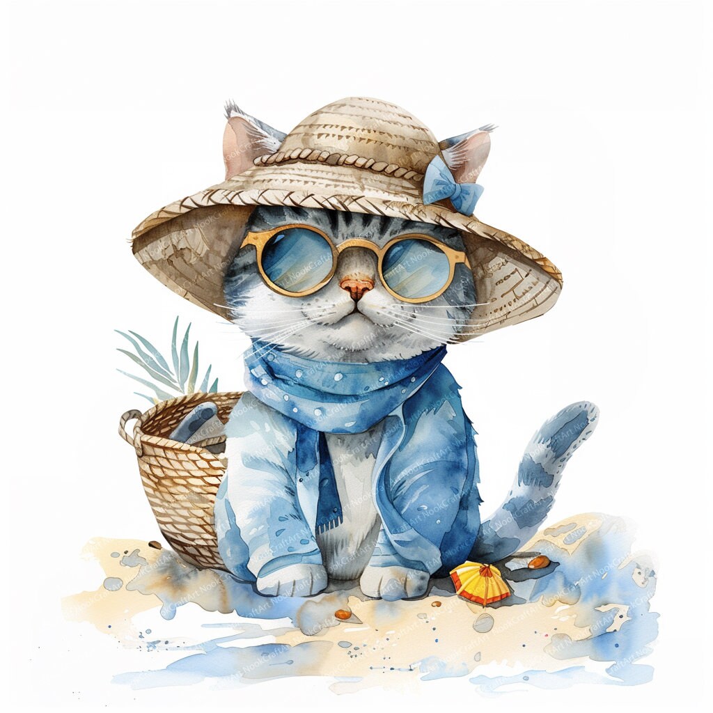 Kitten on Summer Vacation Clipart, Cute Kitten, Printable Watercolor ...