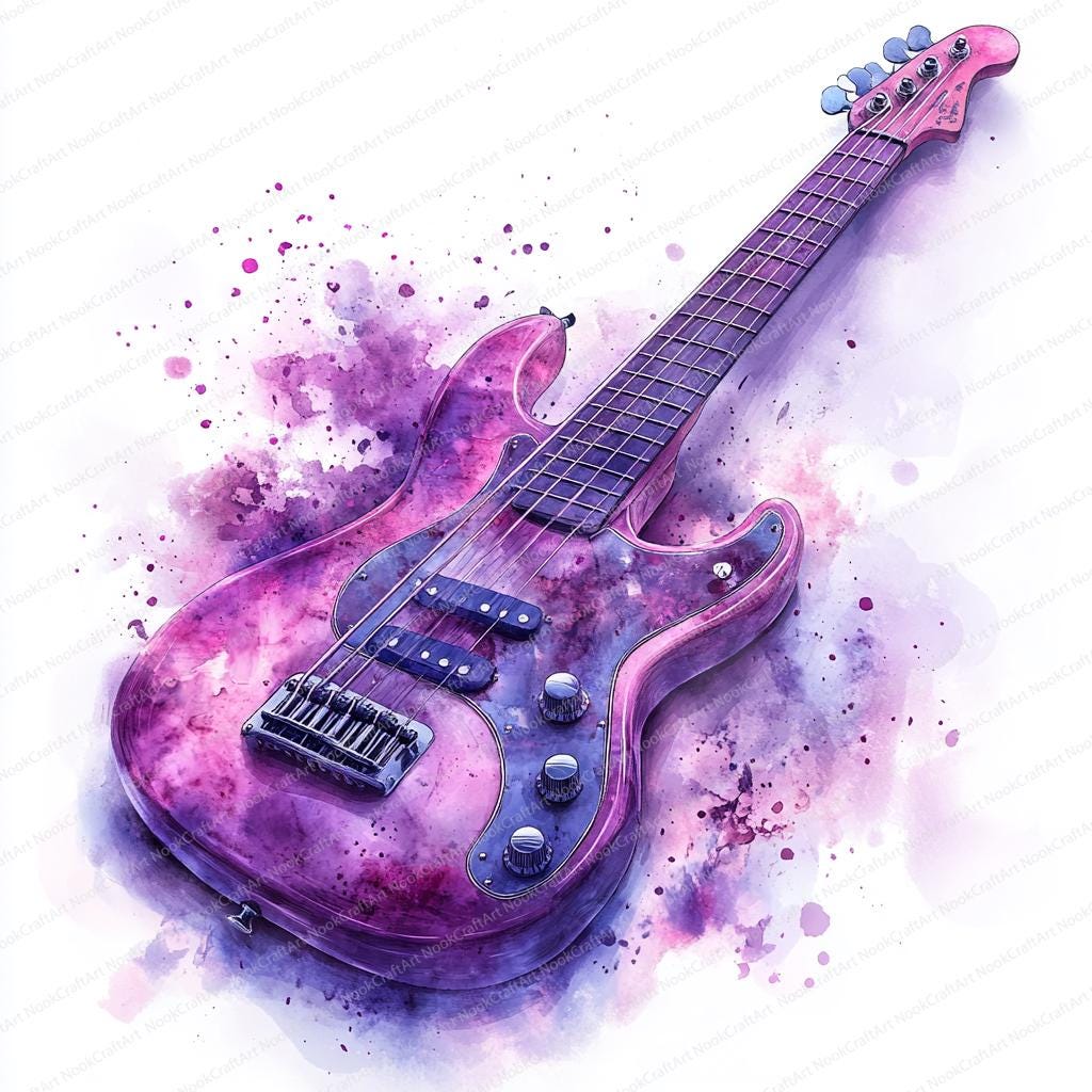 21 Watercolor Bass Guitar Clipart | Purple-pink Artistic Vibes ...