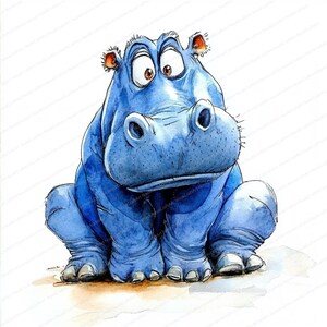 16 Watercolor Hippo Clipart | Cute Grumpy Hippopotamus | Printable ...