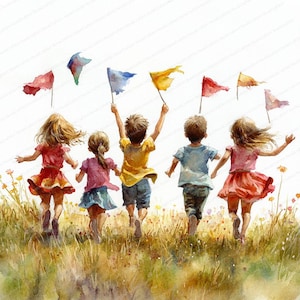 14 Children Running With Flags Clipart | Colorful Kids Illustrations ...