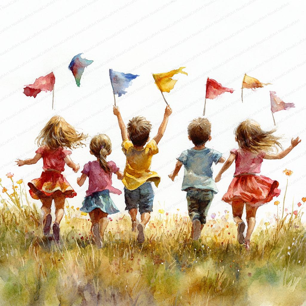 14 Children Running With Flags Clipart | Colorful Kids Illustrations ...