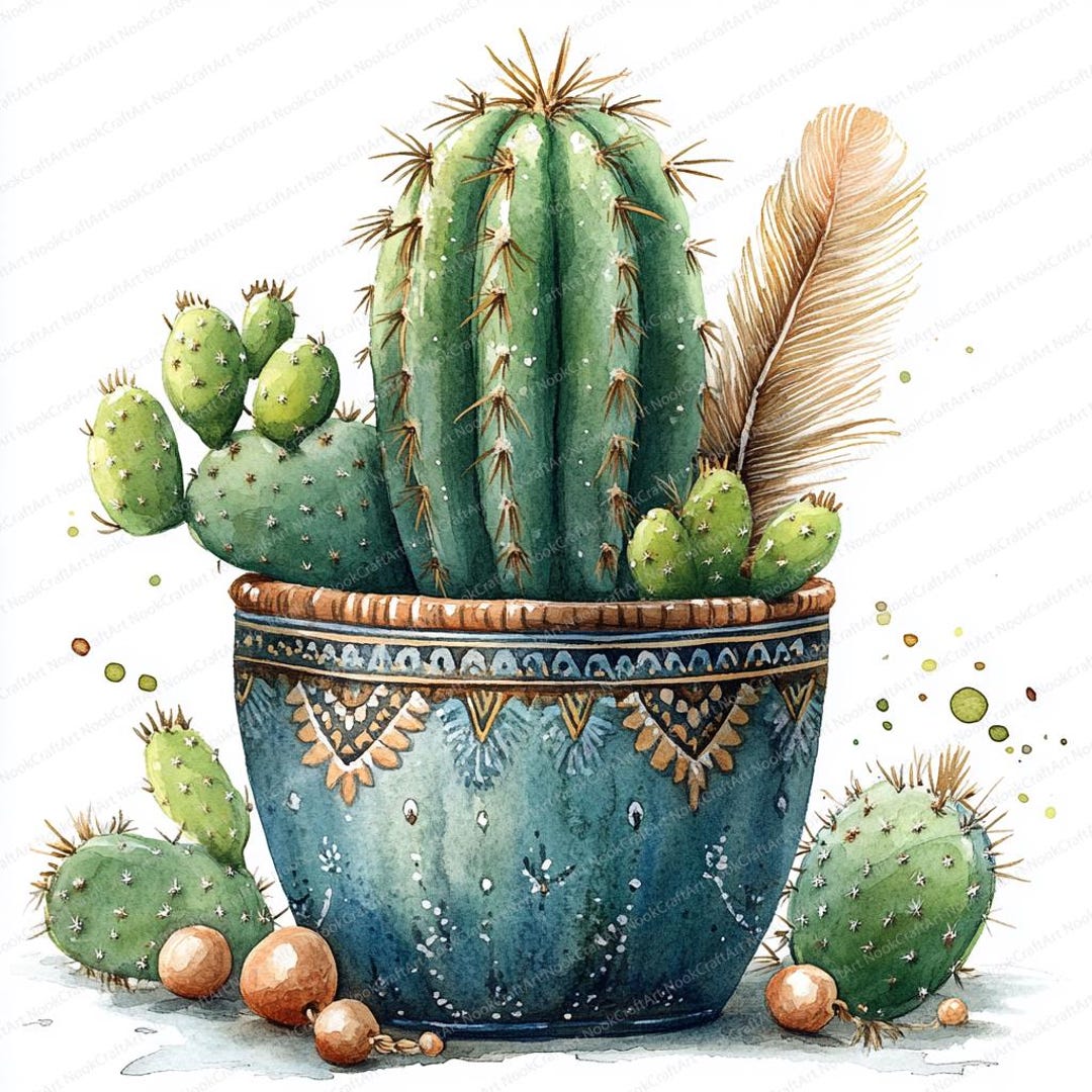 24 Cactus in Boho Painted Pot Clipart | Bohemian Style Plant ...