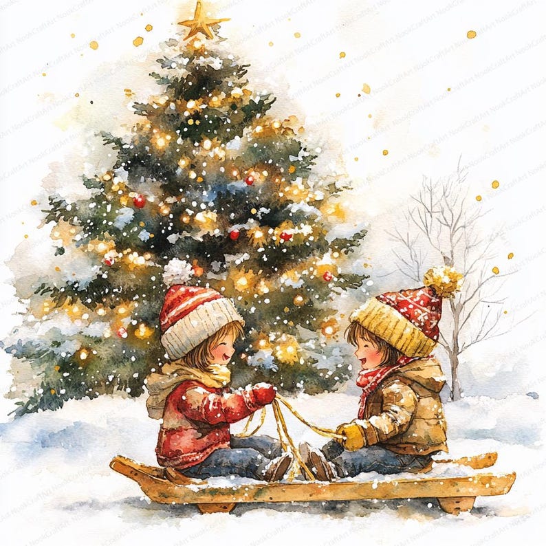 17 Winter Sledding Kids Clipart | Festive Christmas Tree Scene ...
