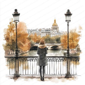 16 Woman on Bridge Clipart | Fall in Paris | Printable Watercolor ...