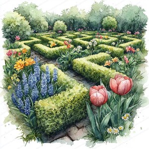 20 Garden Maze Clipart | Blooming Hedge Pathways | Printable Watercolor ...