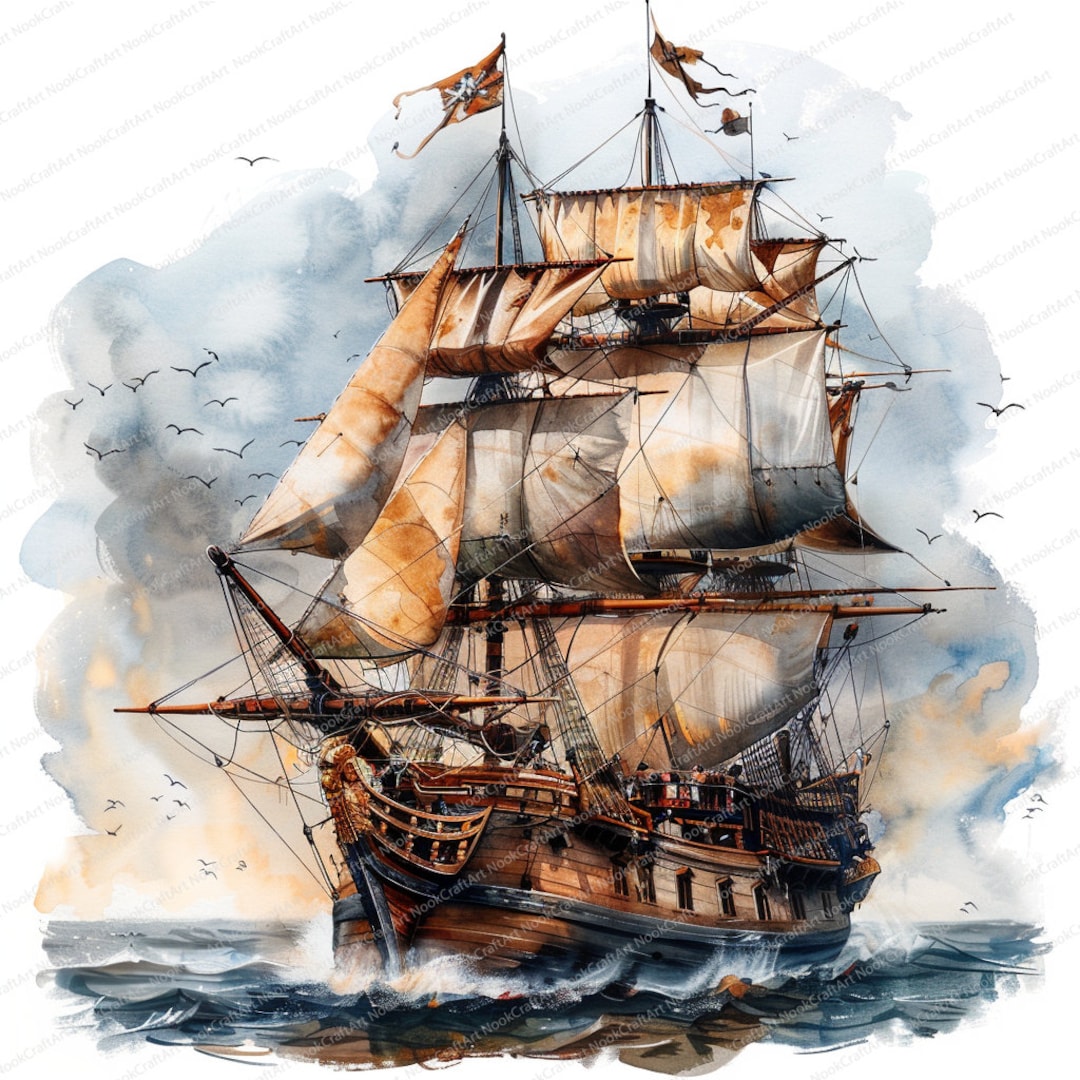 12 Watercolor Pirate Ship Clipart | Printable Watercolor Clipart | High ...