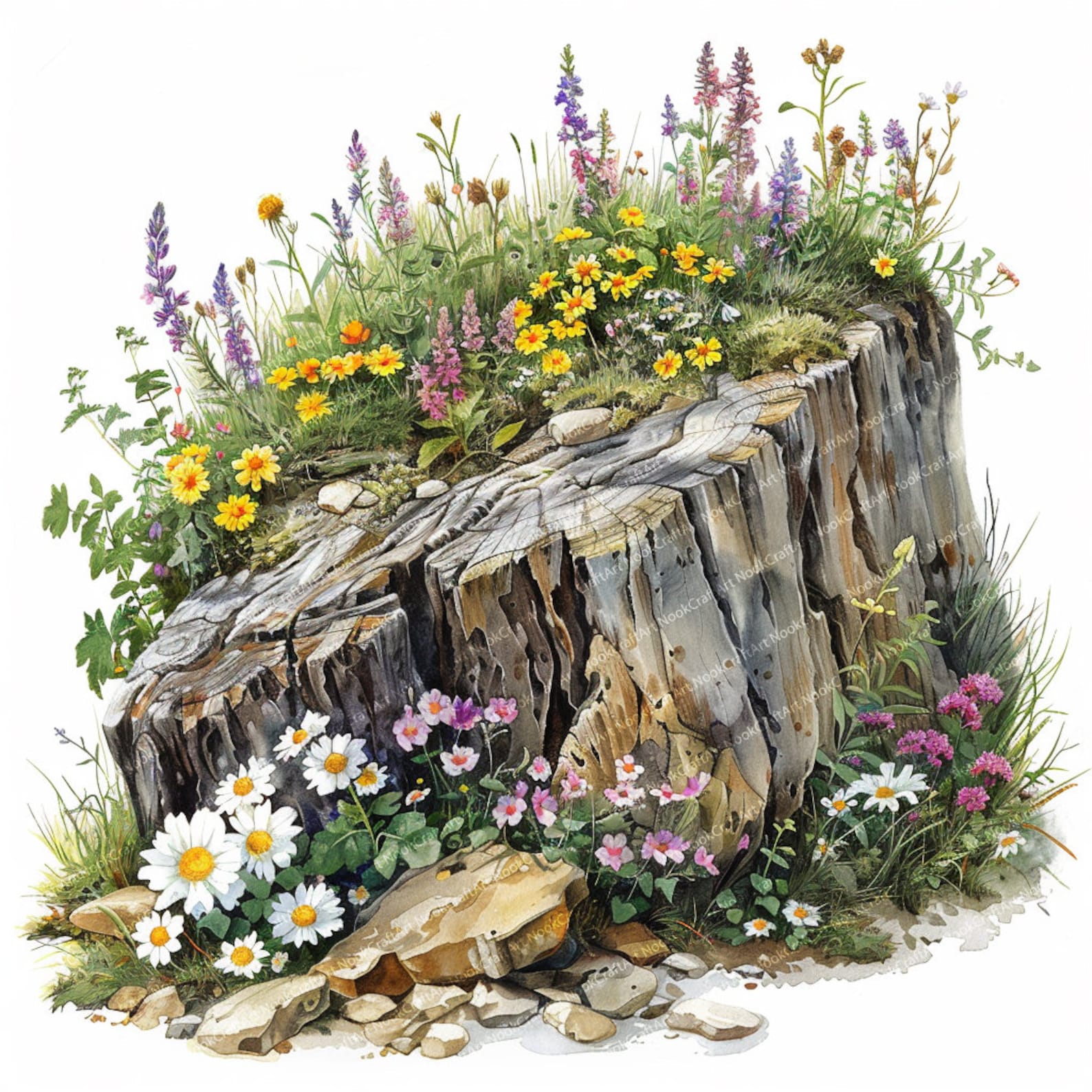 15 Flowers on a Log | Clipart Flowers | Printable Watercolor Clipart ...