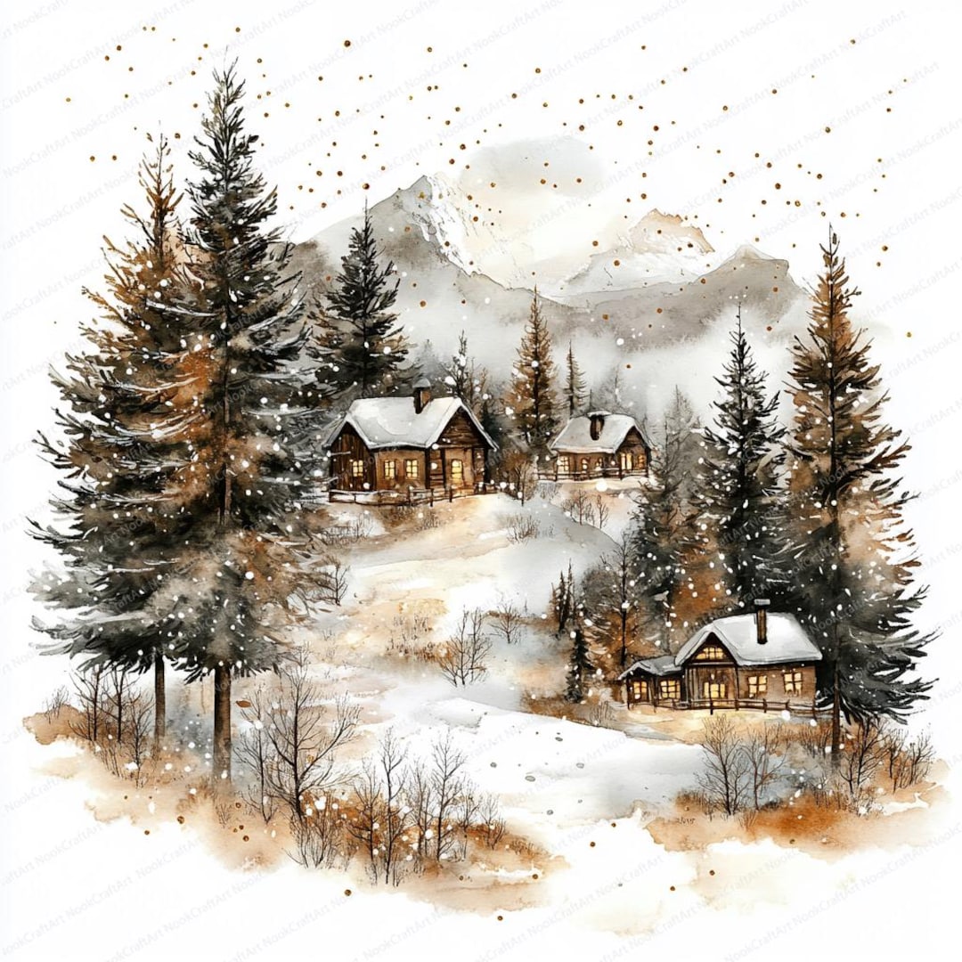 20 Christmas Card Clipart | Winter Village Greeting Card | Printable Watercolor Clipart | High ...