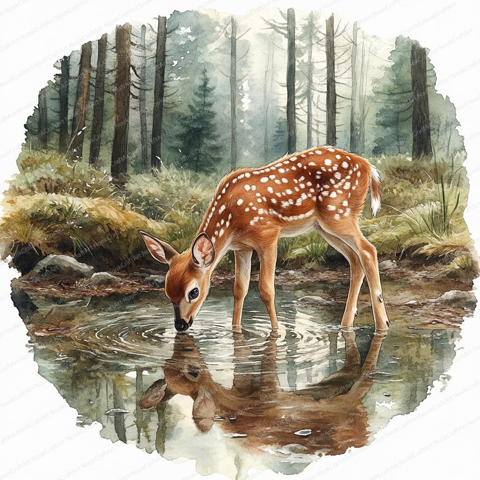 17 Deer Fawn Drinking Water Clipart | Woodland Stream Nature ...