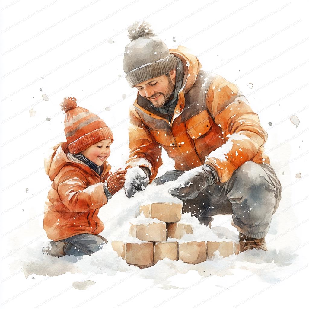20 Snow Fortress Building Clipart | Father and Kids Winter Fun ...