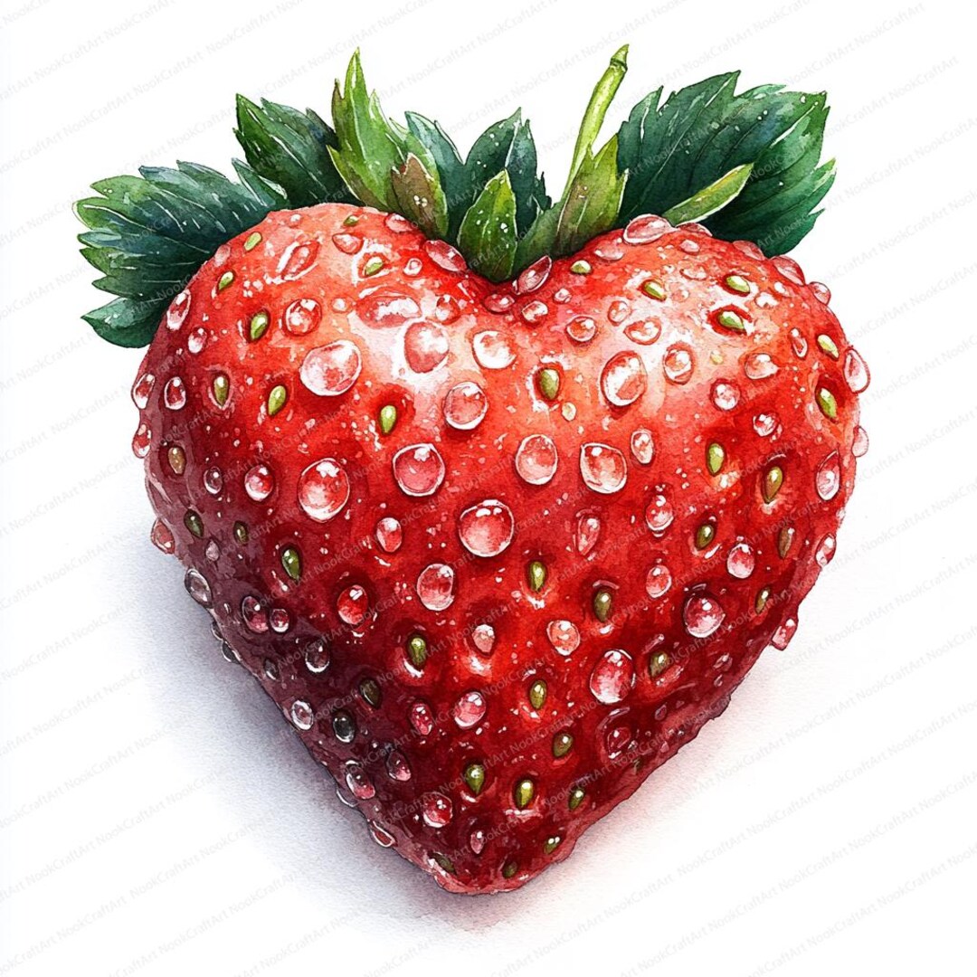 20 Strawberry Heart Clipart With Dew Drops | Romantic Fruit ...