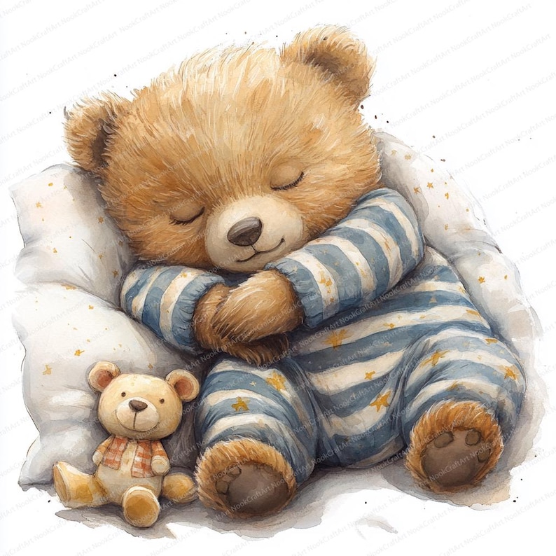 24 Sleeping Bear in Pajamas Clipart | Cute Bedtime Digital Illustration ...