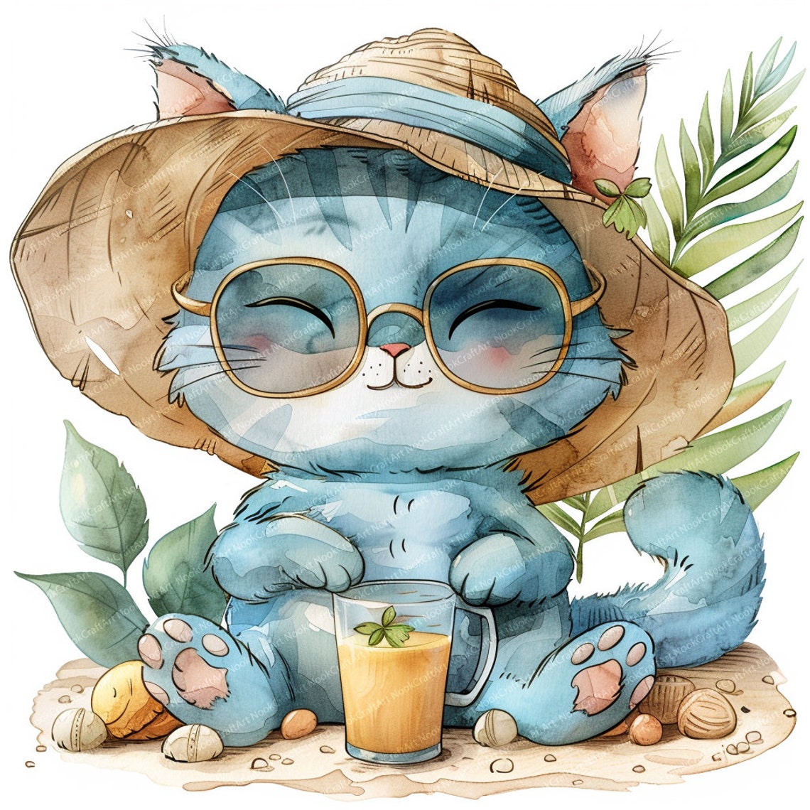Kitten on Summer Vacation Clipart, Cute Kitten, Printable Watercolor ...