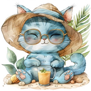 Kitten on Summer Vacation Clipart, Cute Kitten, Printable Watercolor ...