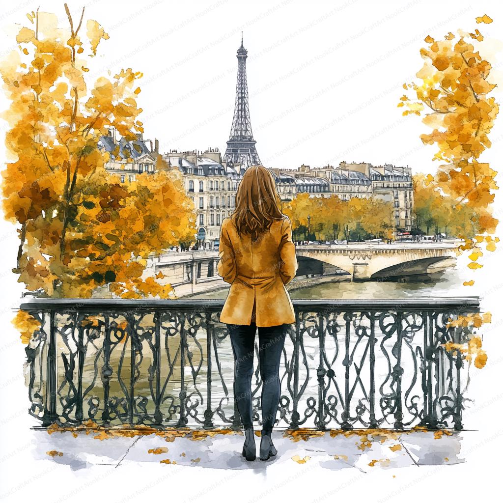 16 Woman on Bridge Clipart Fall in Paris Printable Watercolor Clipart ...