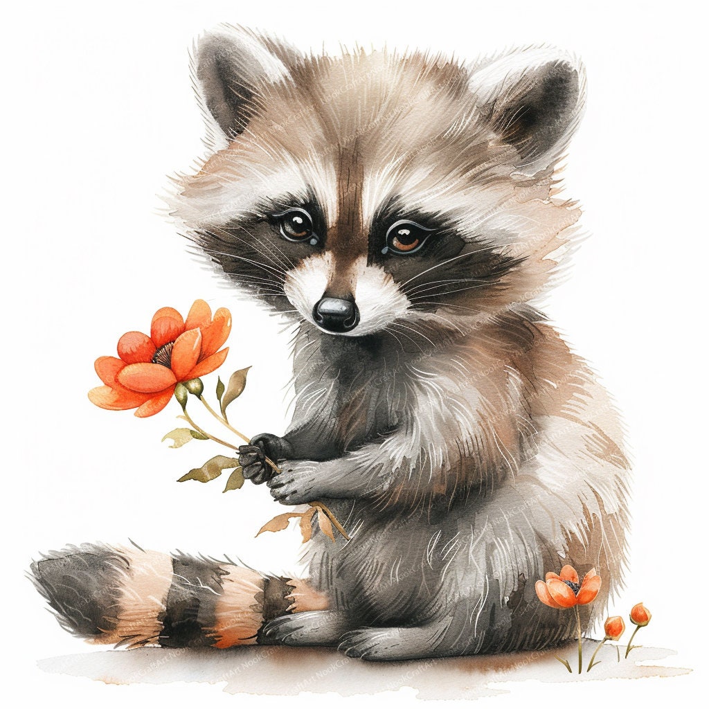 10 Raccoon With Flower Clipart, Raccoon Clipart, Printable Watercolor ...