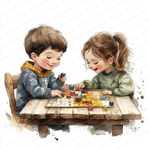 18 Children Board Game Clipart | Kids Playing at Table Illustration ...