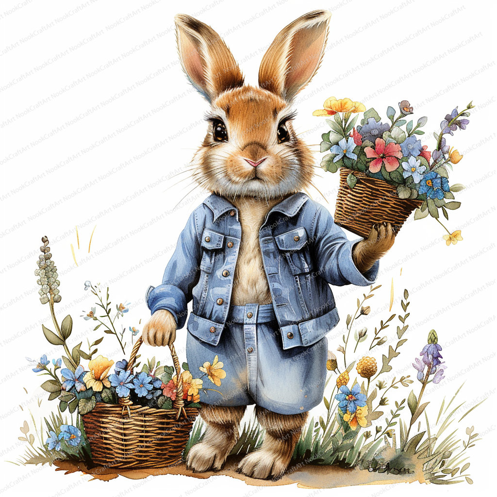 14 Spring Bunny Clipart Cute Bunny With Flowers Printable Watercolor ...