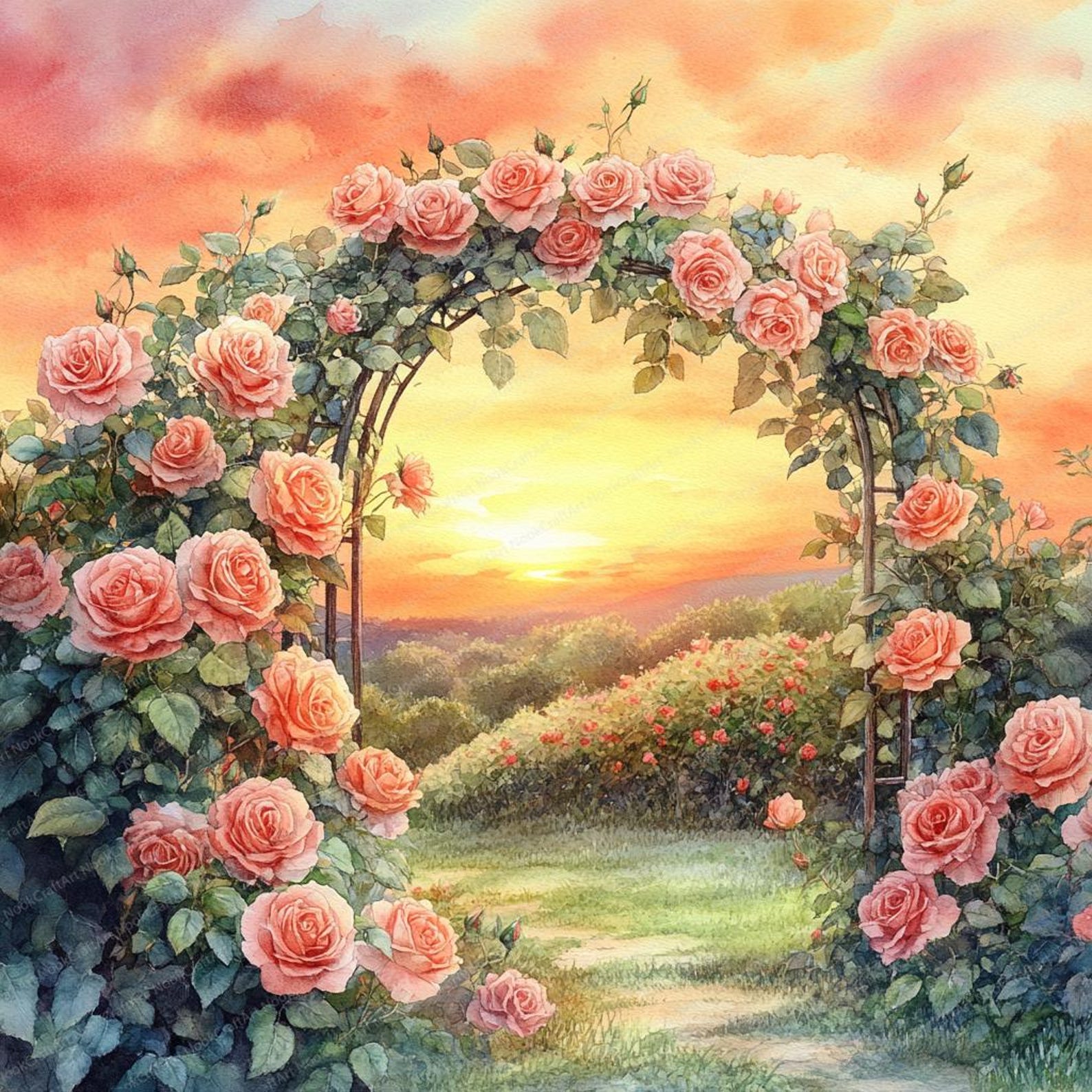 12 Rose Garden Clipart Garden at Sunset Printable Watercolor Clipart ...