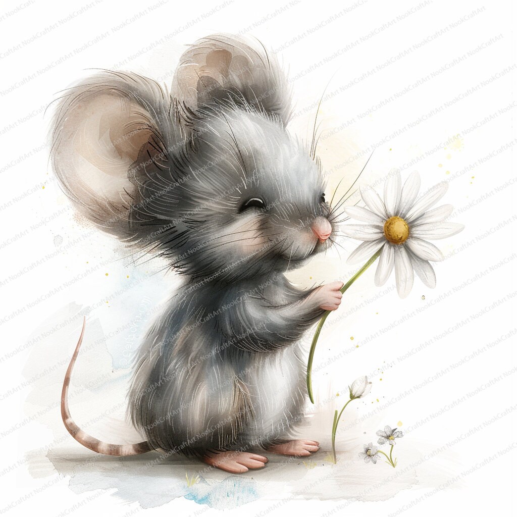 12 Mouse and Flower Clipart Watercolor Mouse Printable Watercolor ...