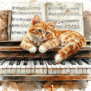 21 Sleeping Cat on Piano Clipart | Cozy Musical Feline Illustration ...