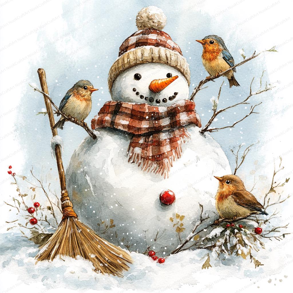 18 Snowman With Scarf and Birds Clipart | Winter Scene With Broom and ...