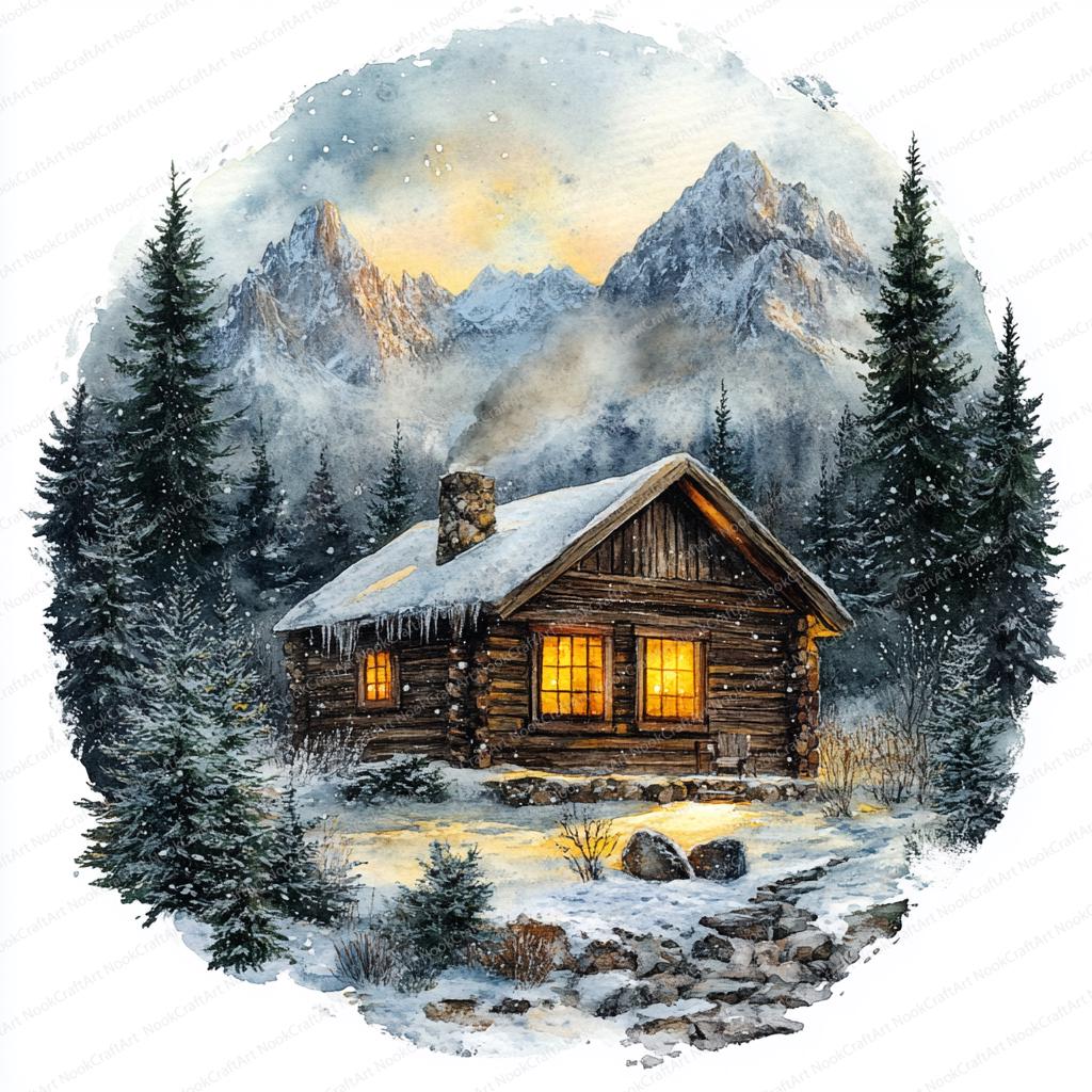 24 Mountain Cabin Winter Scene Clipart | Cozy Winter Retreat ...