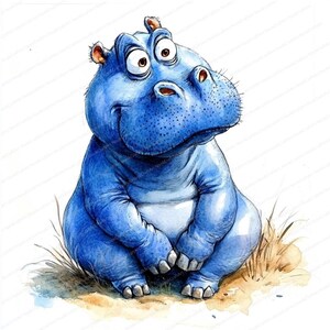 16 Watercolor Hippo Clipart | Cute Grumpy Hippopotamus | Printable ...
