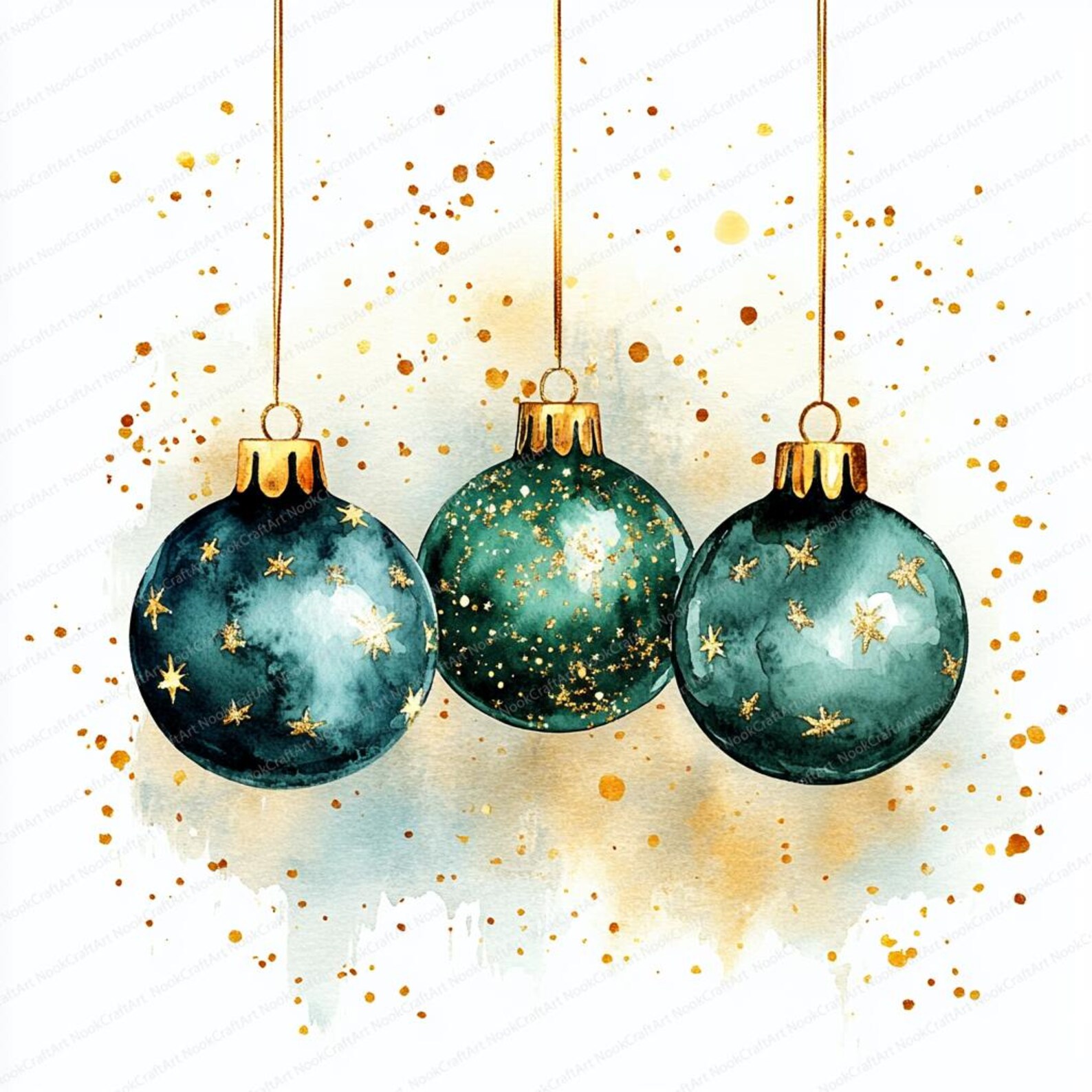 20 Christmas Card Clipart | Green and Gold Baubles Design | Printable ...