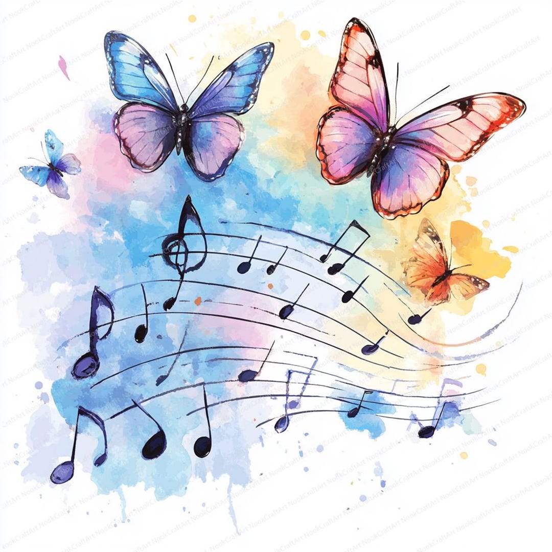 14 Notes With Butterflies Clipart Musical Whimsy Printable Watercolor ...
