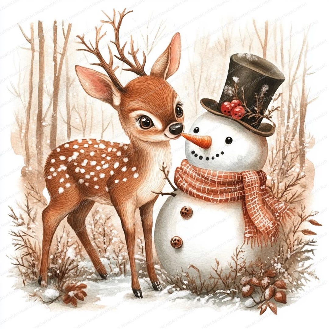 16 Deer With Snowman in Winter Clipart Bundle | Printable Watercolor ...