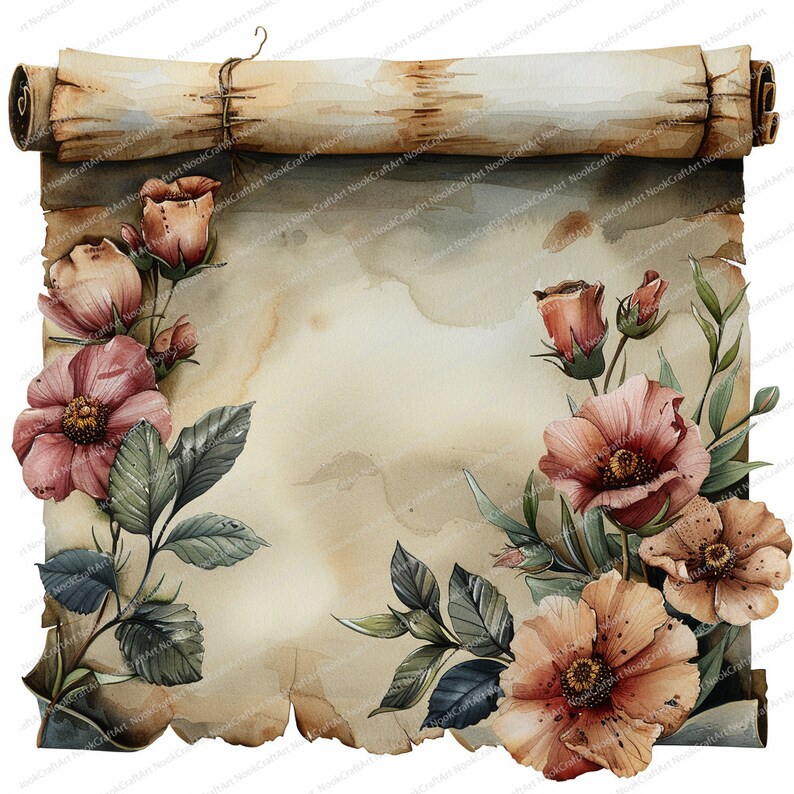 12 Vintage Scroll Clipart Floral Old Paper High Quality Jpgs Printable Watercolor Clipart ...