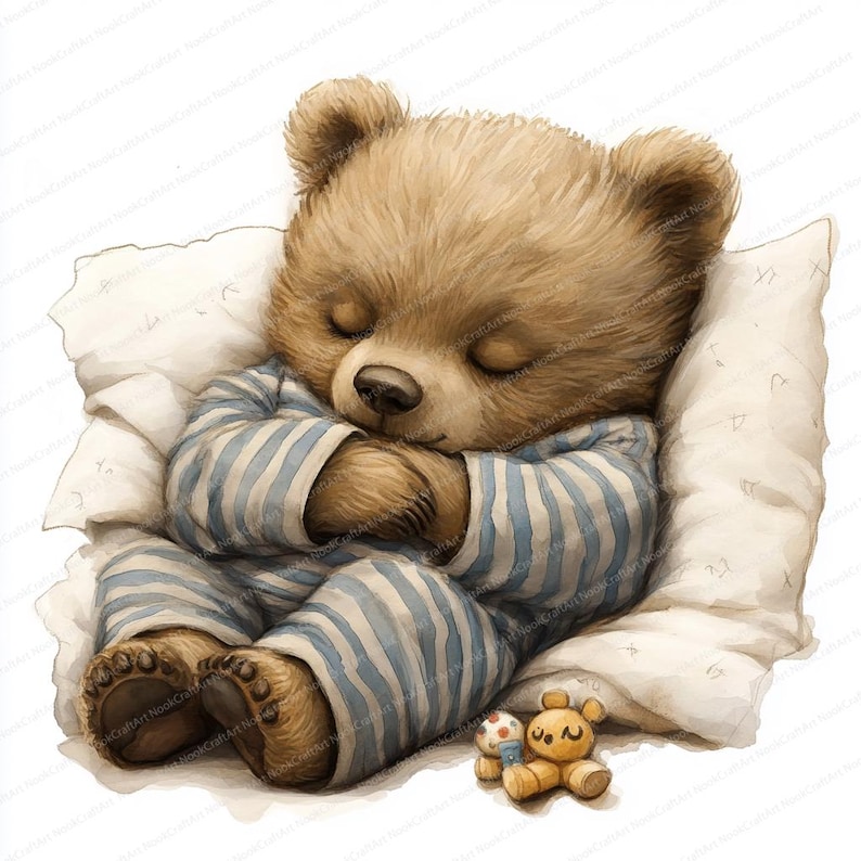 24 Sleeping Bear in Pajamas Clipart | Cute Bedtime Digital Illustration ...