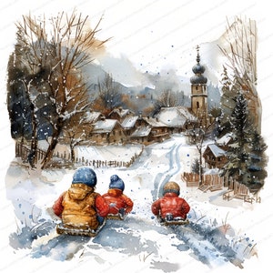 12 Cliparts Kids on Sleds | Winter Clipart | Printable Watercolor ...