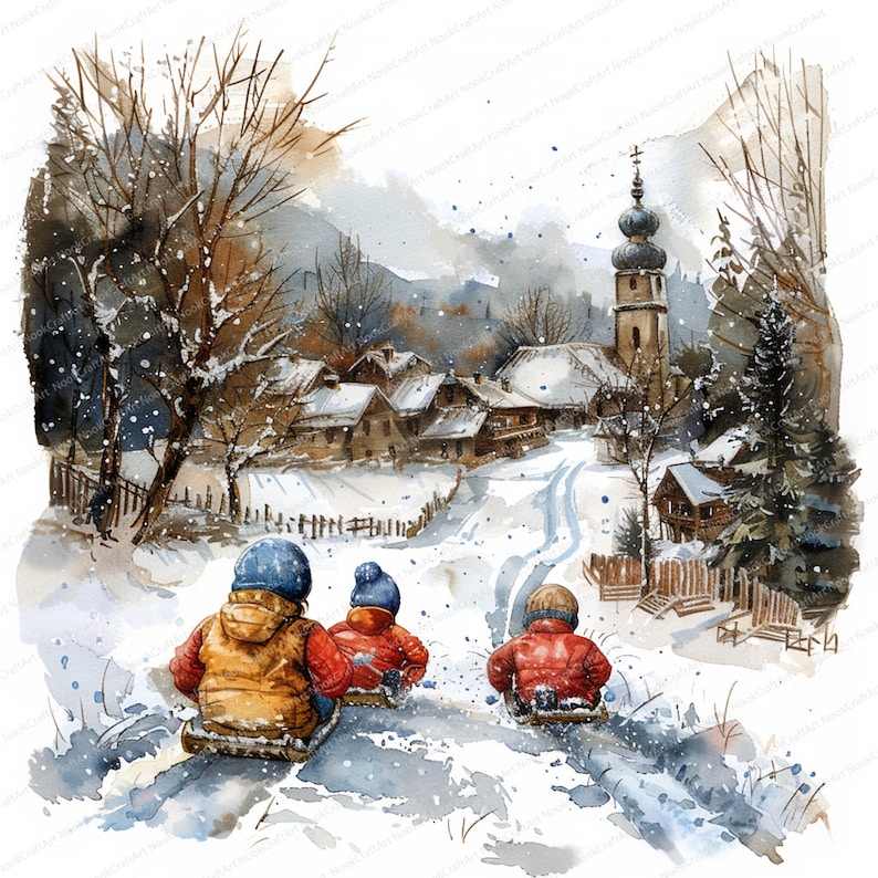 12 Cliparts Kids on Sleds Winter Clipart Printable Watercolor Clipart ...