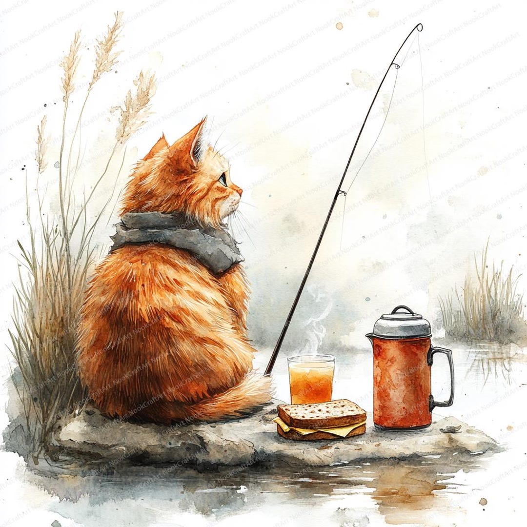 18 Fishing Cat Clipart | Whimsical Feline Angler Art | Printable ...