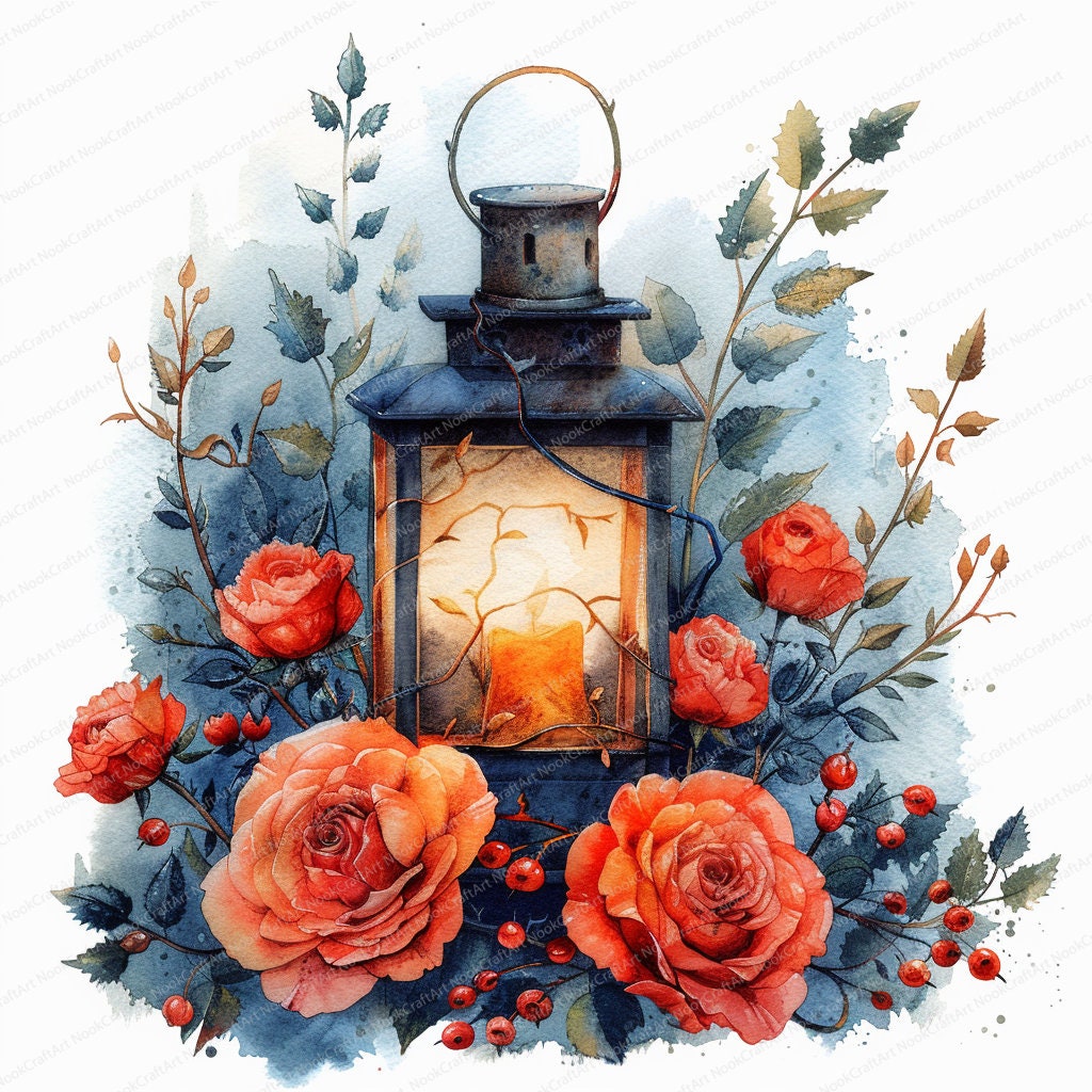 14 Floral Lantern Clipart Watercolor Antique Lantern Printable ...