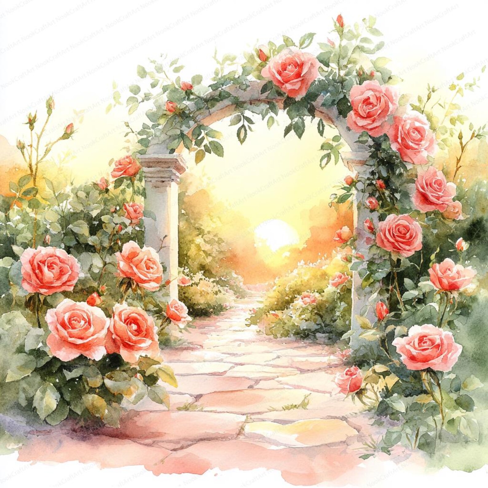 12 Rose Garden Clipart Garden at Sunset Printable Watercolor Clipart ...
