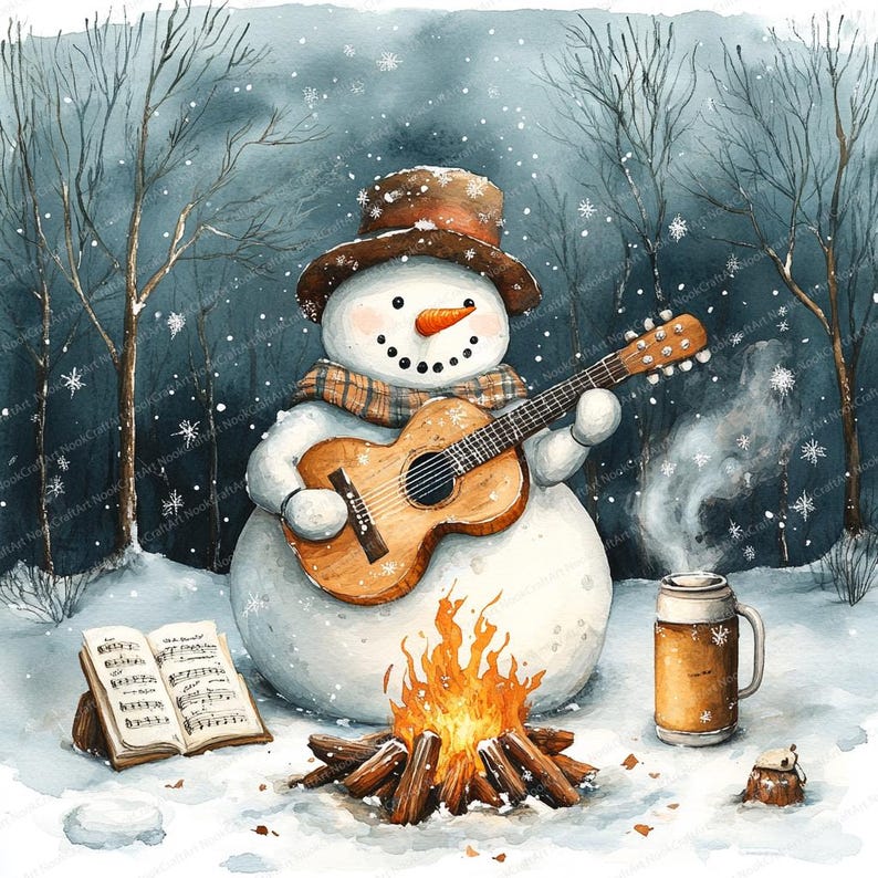 16 Snowman With Guitar Clipart | Winter Campfire Illustration ...