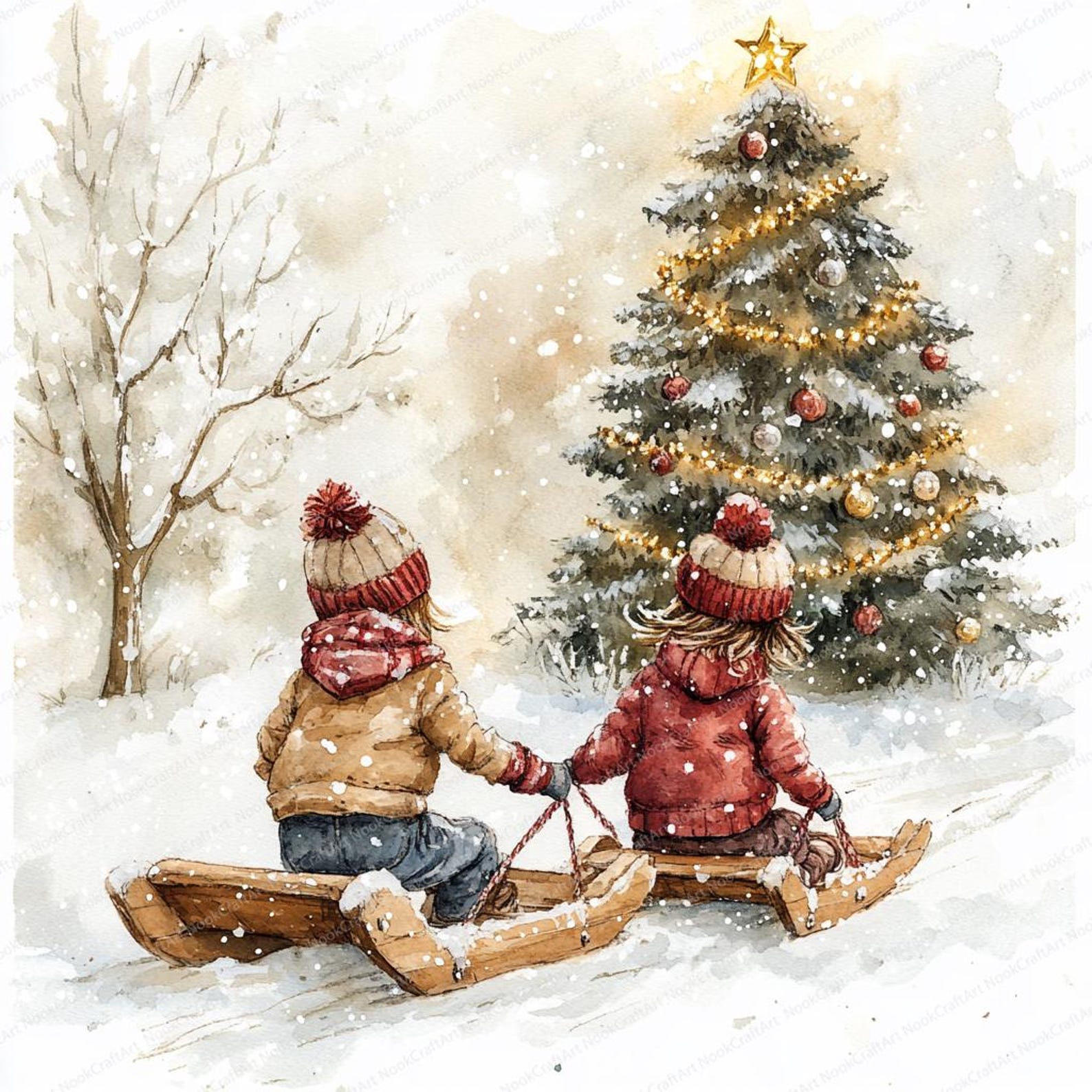 17 Winter Sledding Kids Clipart | Festive Christmas Tree Scene ...