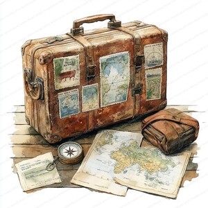 22 Vintage Travel Adventure Clipart | Suitcase With Map and Compass ...